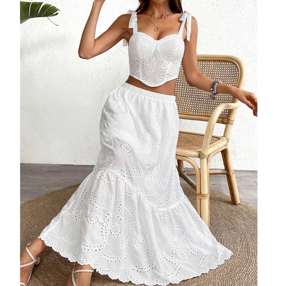 Skirts | Boho White Eyelet Shoulder Tie Crop Top Maxi Skirt Set | Poshmark